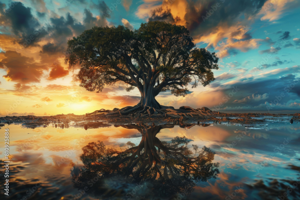 a tree with deep roots firmly planted in the ground, reaching upward ...