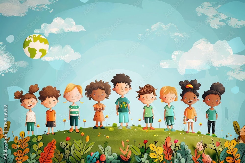 Playful Children on a Lush Green Hill Under a Sunny Sky for World ...