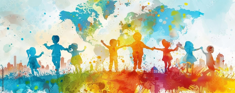 World Children, Children's Silhouette on World Map Banner World ...