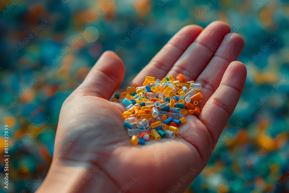 Close up human hand with colored microplastic. Concept of plastic ...