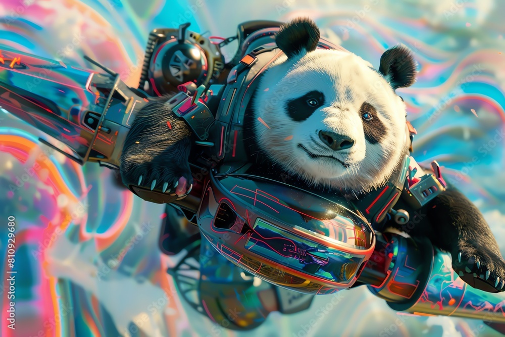 Bring to life a futuristic scene where a panda in a birds-eye view is ...