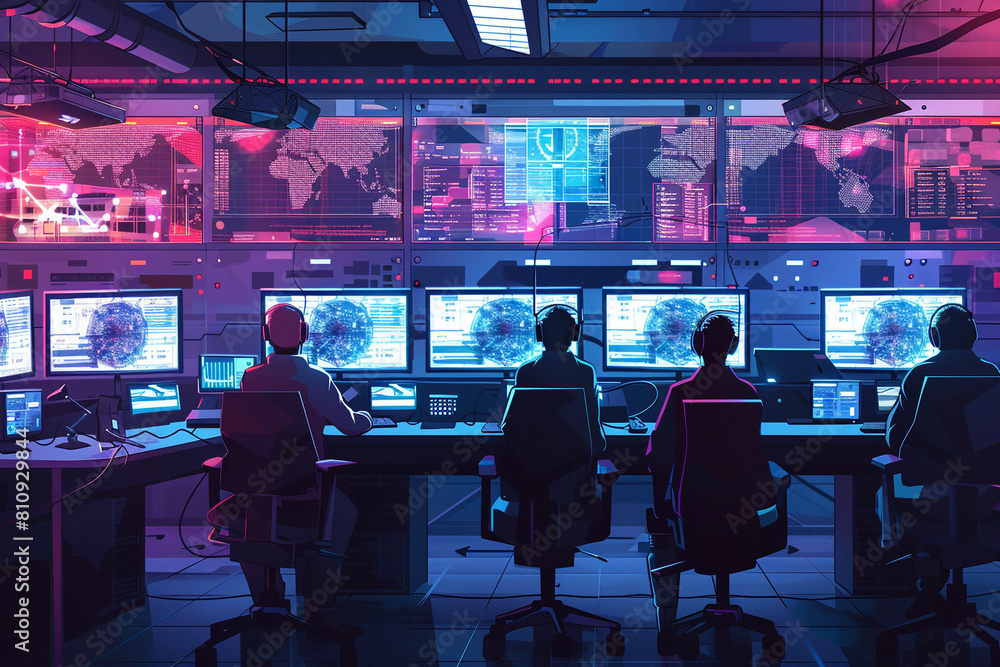 A Network Security Team In A High Tech Control Room Monitoring Screens For Potential Cyber