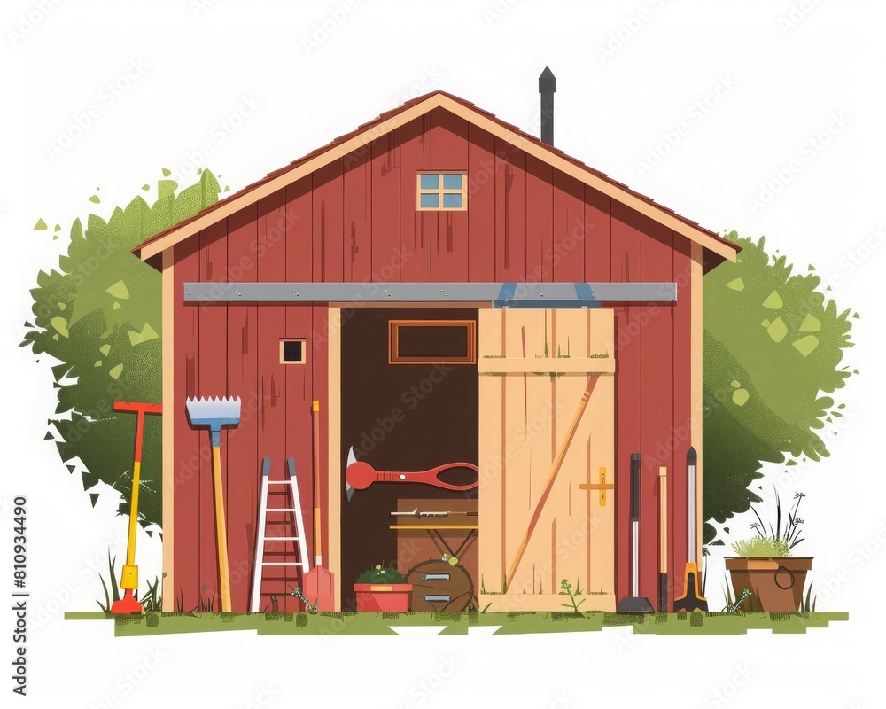 Farm tool shed flat design side view storage solutions theme cartoon ...