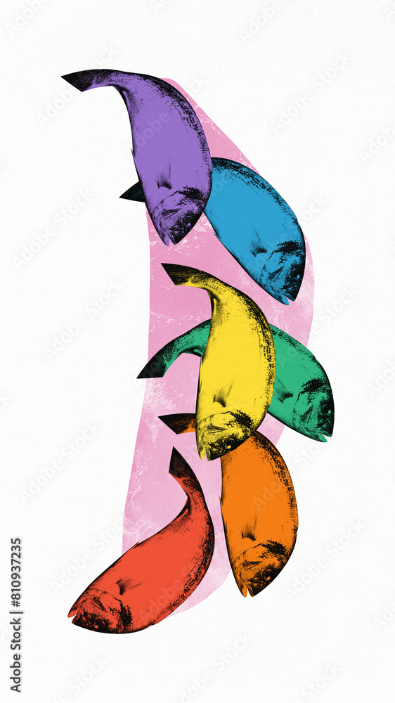 Poster. Contemporary art collage. Array of colorful fish swimming ...