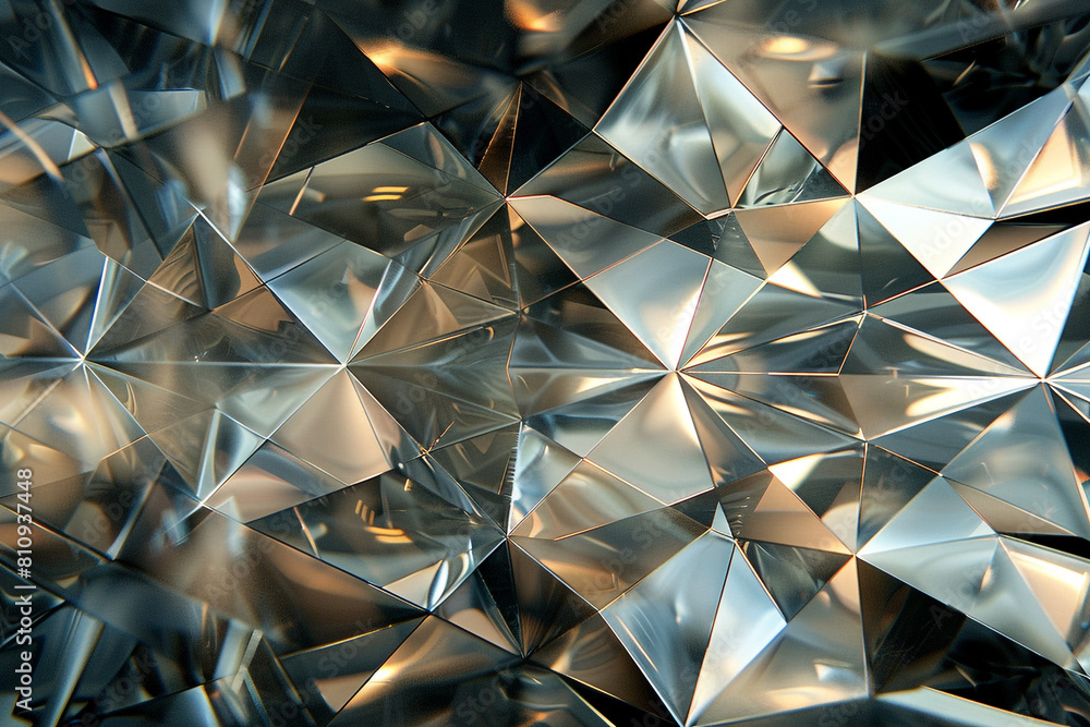 A reflective mirrored background with rhomboidal patterns creates a ...