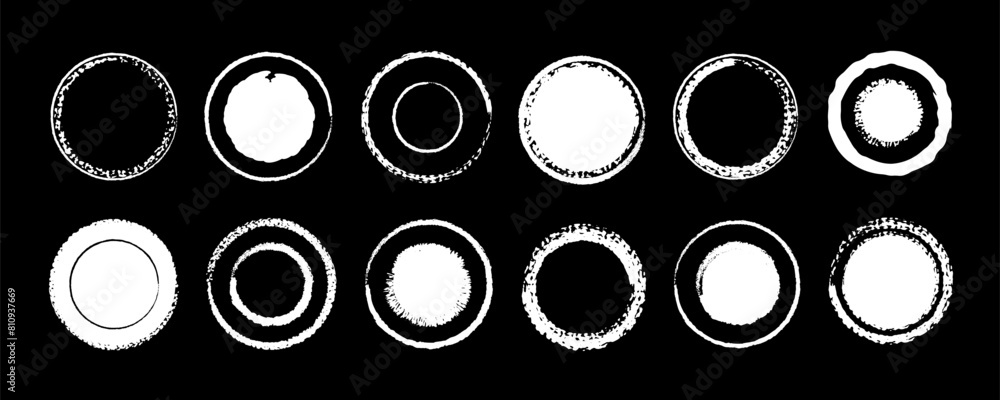Set of white charcoal, pencil, chalk brush circle border frames ...