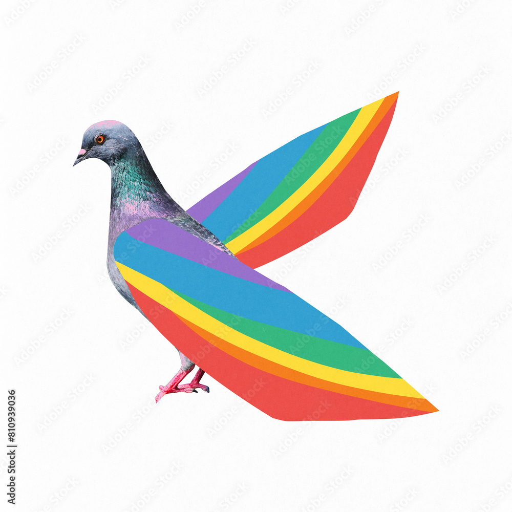 Poster. Contemporary art collage. Common pigeon with feathers colored ...