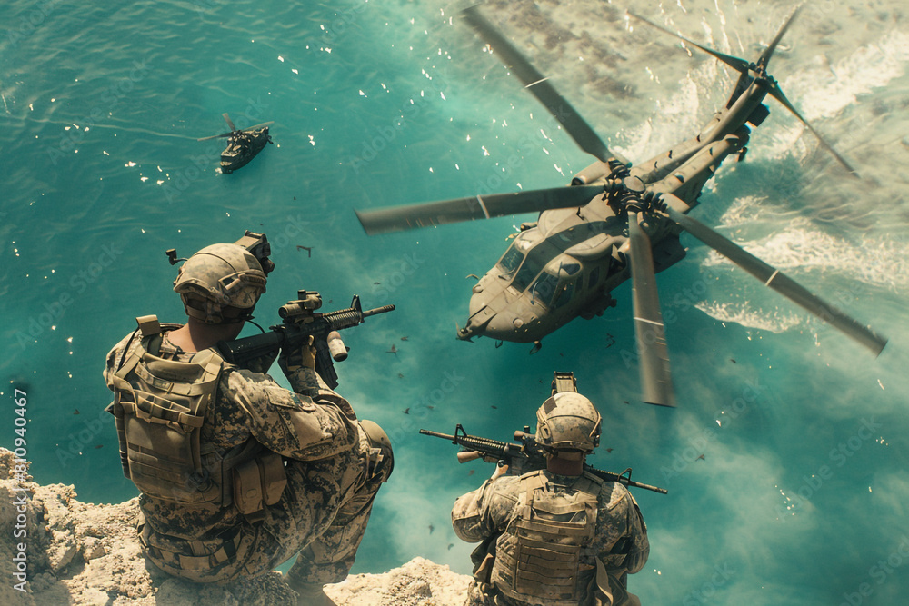 a scene from an aerial perspective, where an elite marine unit conducts ...