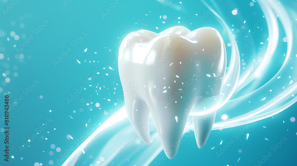 Teeth model with shining swirl blue background copy space. Healthy gums ...