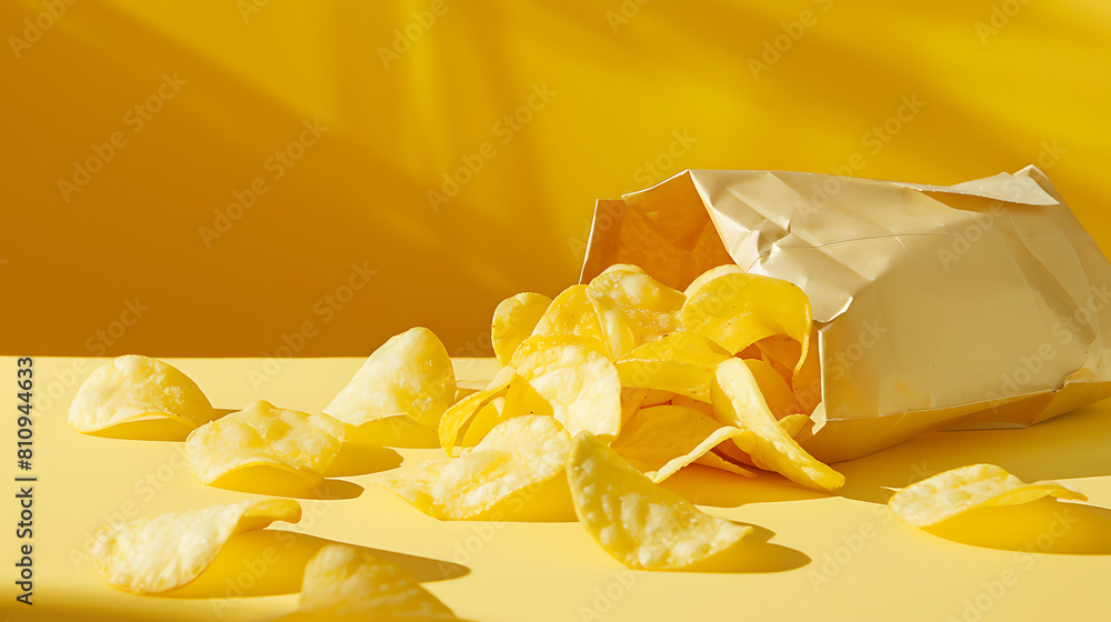 Tomato chips crisps coming out of paper packet. Open bag of chips ...