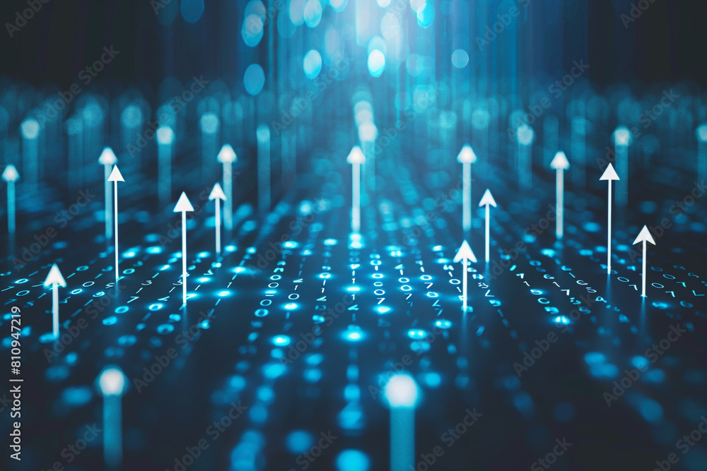 Abstract background with digital data symbols and rising arrows ...