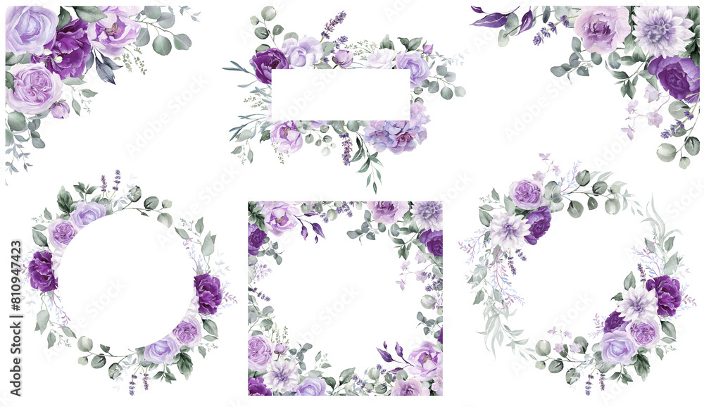 Watercolor floral border - frame. Violet flowers and eucalyptus ...
