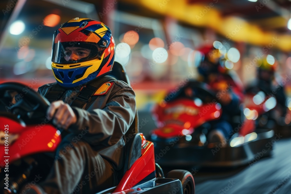 A man rides a go-kart on an indoor karting track.. Beautiful simple AI ...
