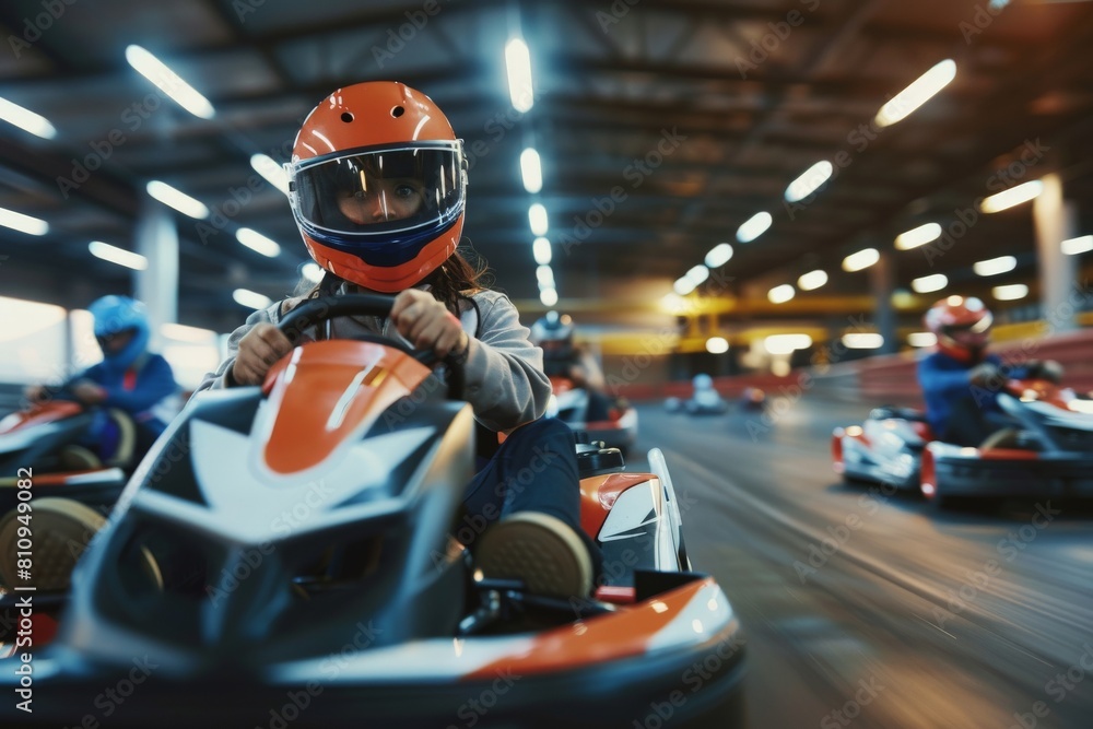 View of indoor karting racetrack, go-kart competition, go-cart racing ...
