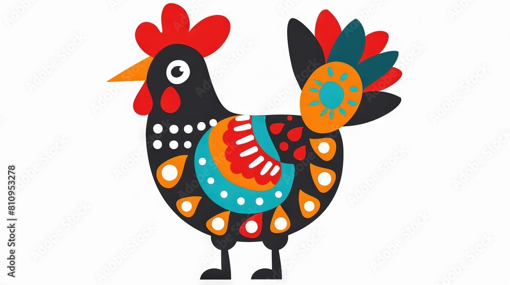 A picture of a rooster adorned with a red and blue color scheme on its ...