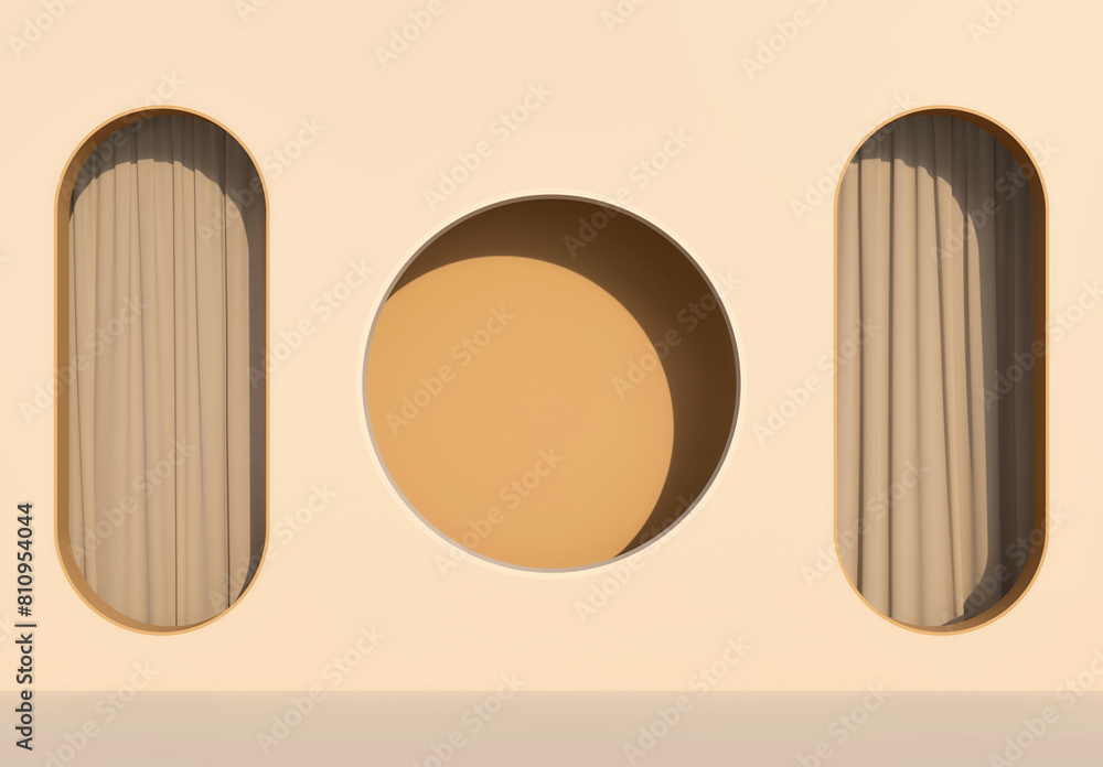 Abstract pastel wall with circular opening and niches with curtains ...