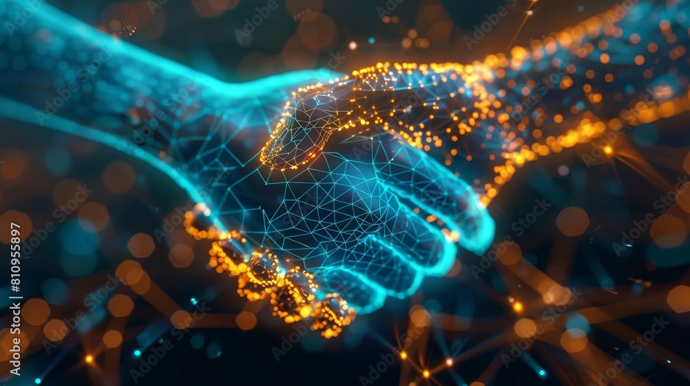 Craft a captivating low-angle perspective of a handshake icon with 3D ...