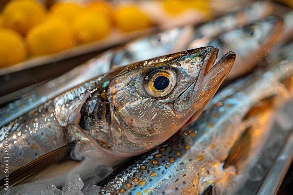 Detailed image showing the texture and freshness of fish on ice ...