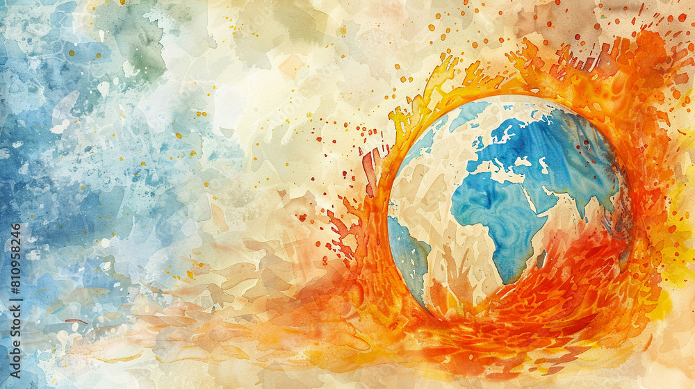 Illustrative depiction of global warming with a world map showing hot ...