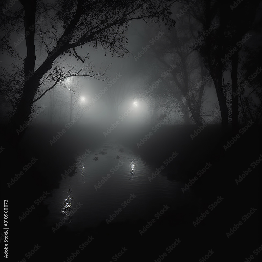 Foggy night bright lights reflecting on a water path, surrounded by ...