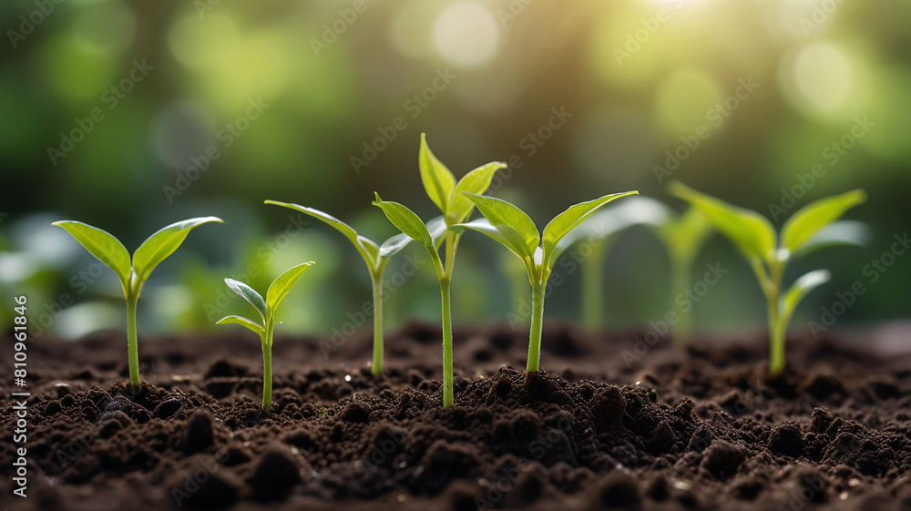 Young plants that grow from the ground and are exposed to sunlight. Bright atmosphere with bokeh ...