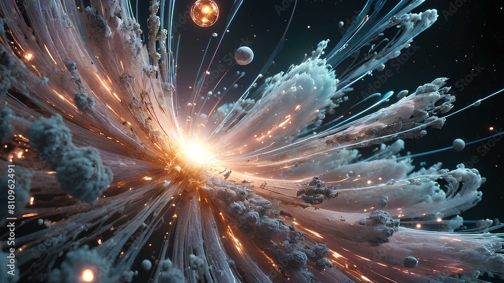 Explosion of a planet in space with rocks shattered around Stock ...