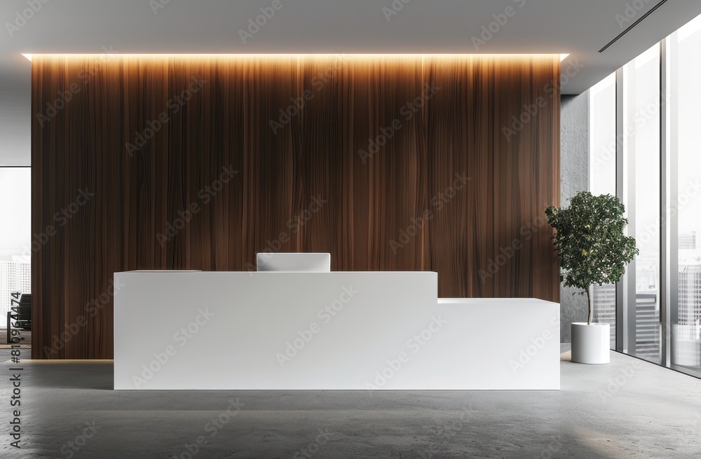 A white reception desk with an open space on the right, wall panels in ...