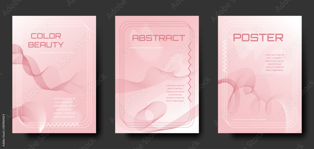 set of modern abstract pink colored posters with wave line pattern ...