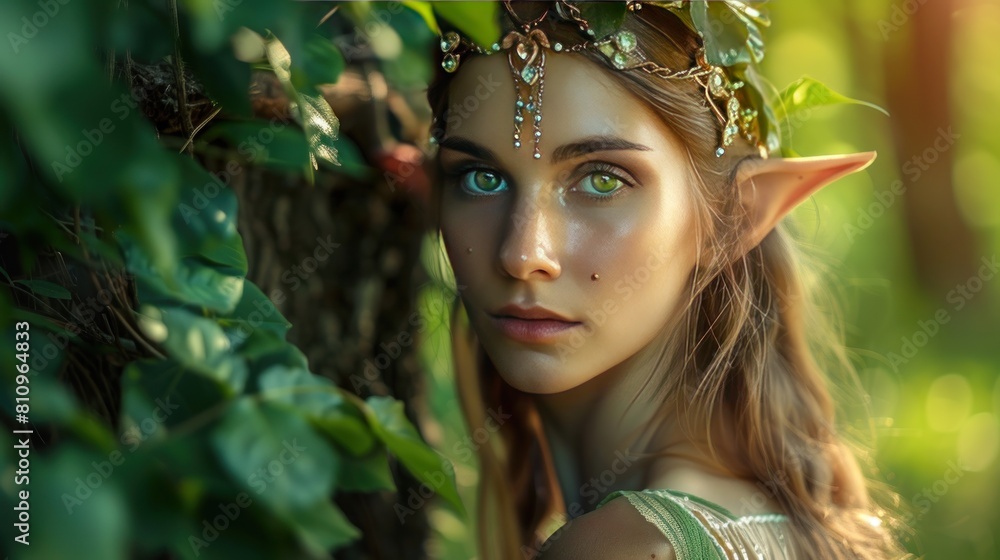 Elf woman princess with a beautiful face behind the leaves Background ...