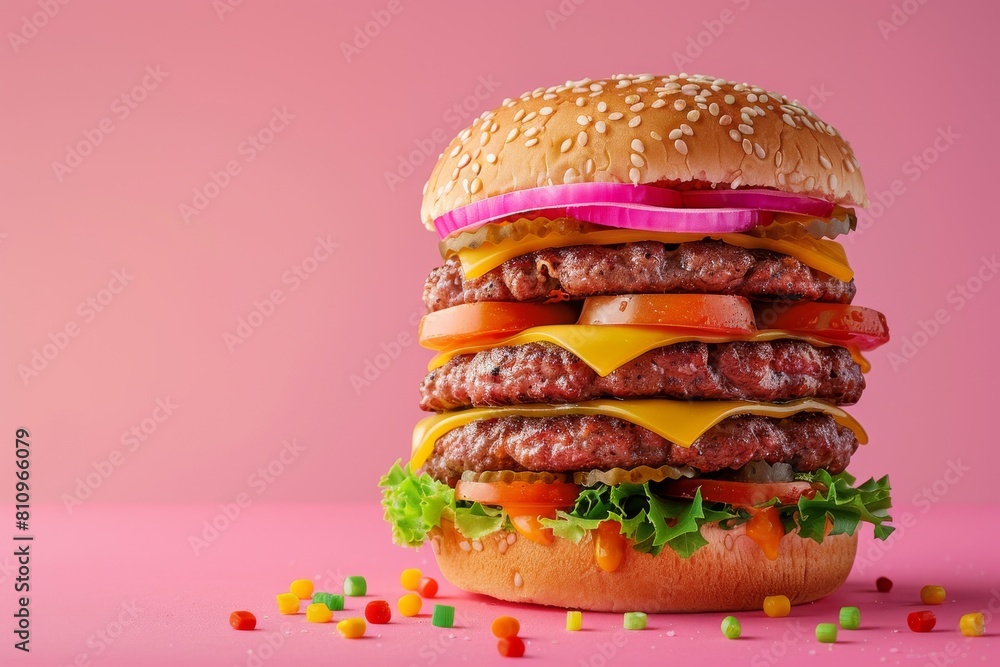 Colorful towering hamburger with multiple layers on a vibrant pink ...