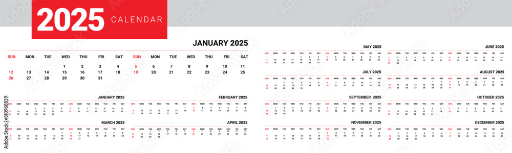 2025, 2025 Calendar template. week Starts Sunday. Planner diary in a ...