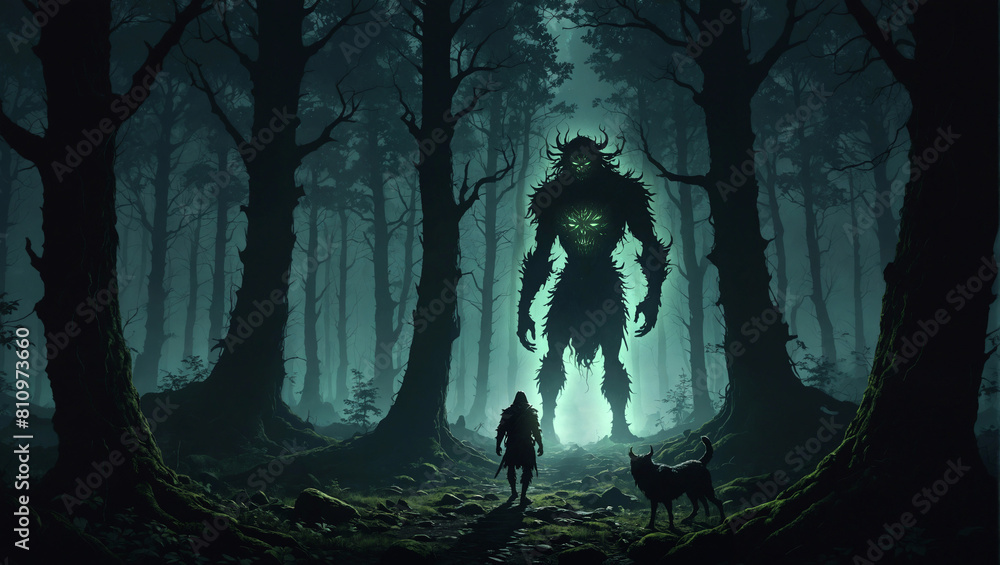 Man confronts a nightmare being in a dark forest, green illuminated ...