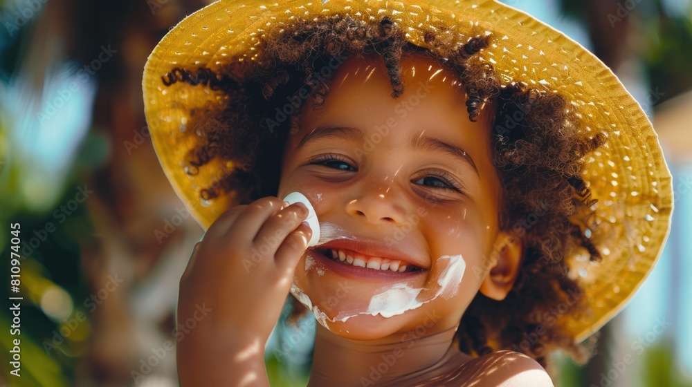 child happily applying sunscreen lotion on their skin, protecting ...