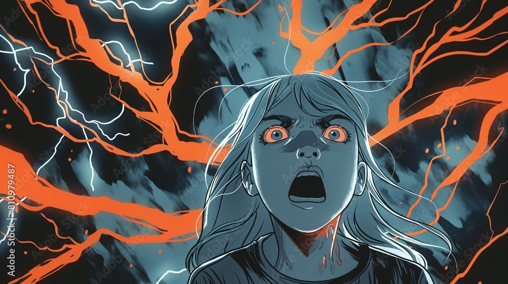 A girl is screaming in fear, surrounded by lightning bolts and dark ...