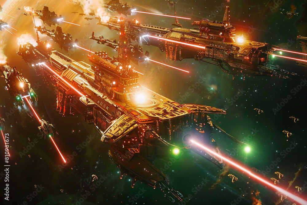 An armada of futuristic warships in space, squadron aligned for cosmic ...