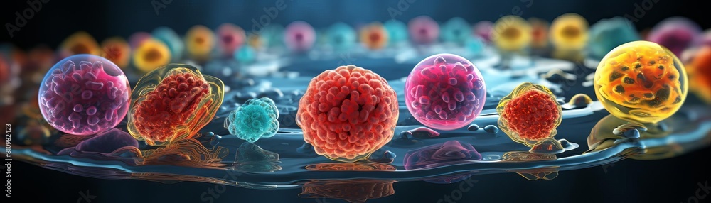 3D rendering of fat cells in various stages of lipolysis, colored ...