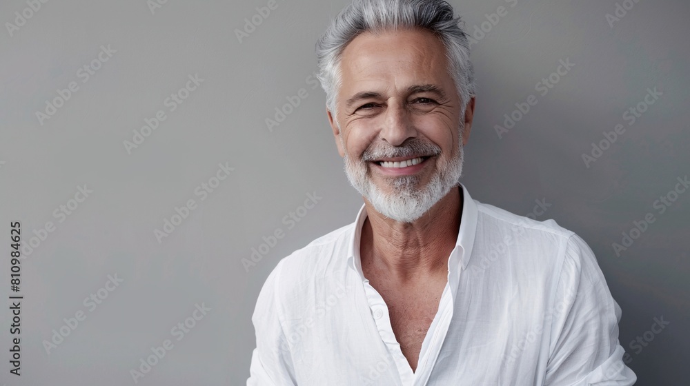 Stylish senior man with grey hair, clad in a crisp white shirt, smiling ...