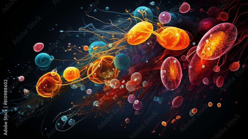 Highresolution image of stained human cells under a microscope with ...