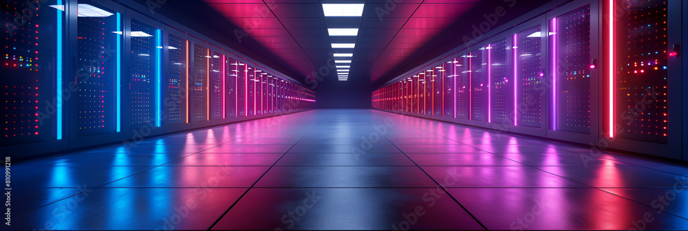 Futuristic data center with rows of server racks, 3d rendering abstract ...