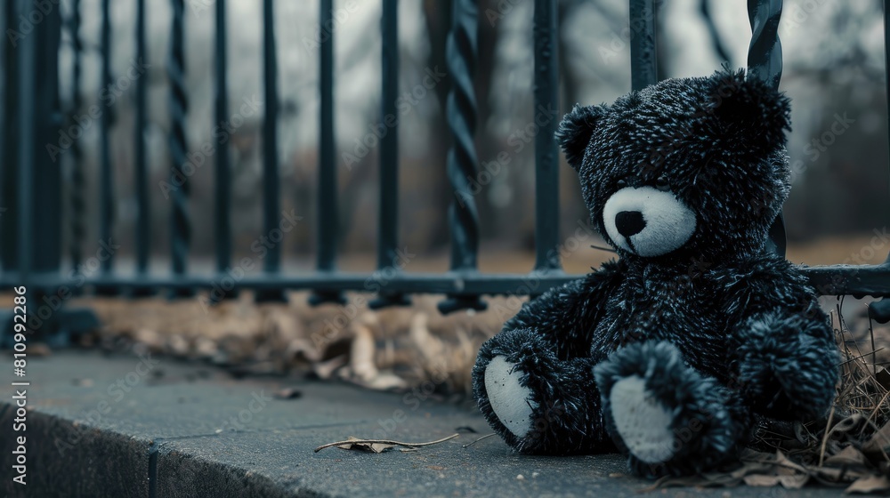 On a dreary day at the playground a forlorn black and white teddy bear ...