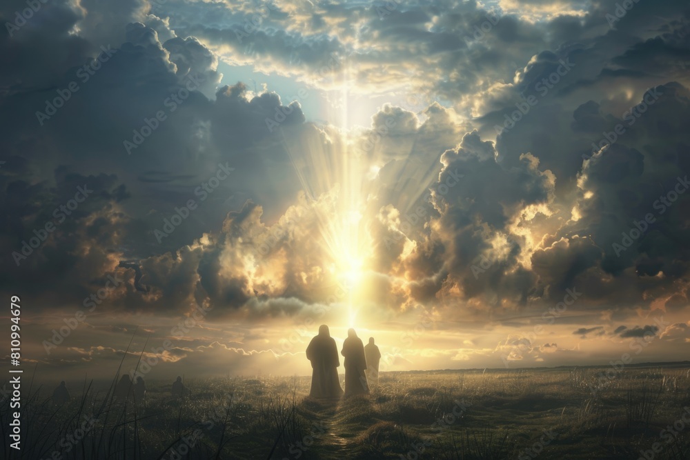 Resurrected Jesus meeting His disciples, a beam of God light piercing through moody clouds Stock ...