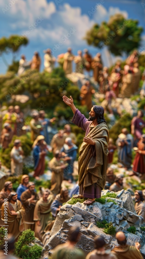 Jesus stands on a mountain, addressing a crowd with wisdom, depicted in ...