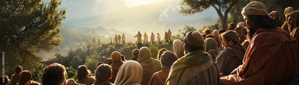 Jesus speaking truths from a mount, his followers listening intently in ...