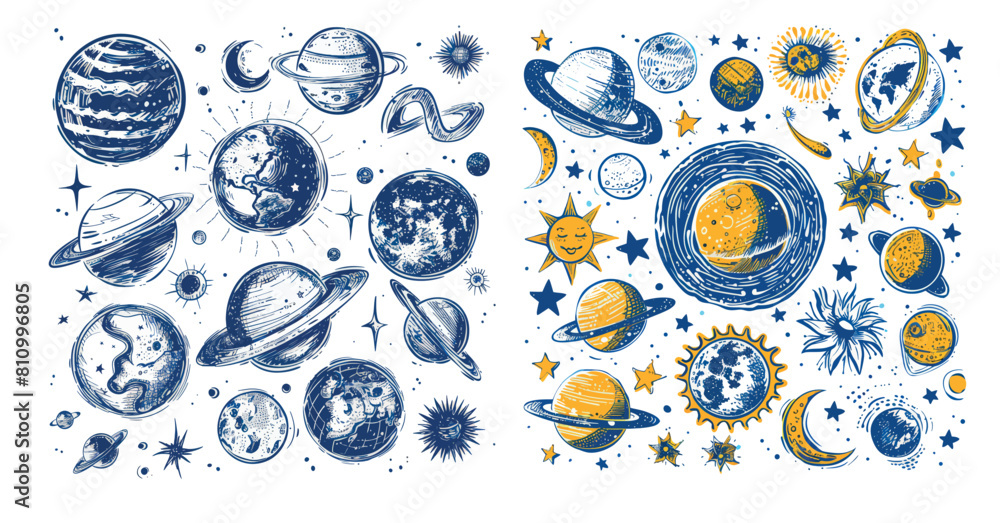 Celestial doodles, drawing of earth, the moon, and the sun. Universe ...