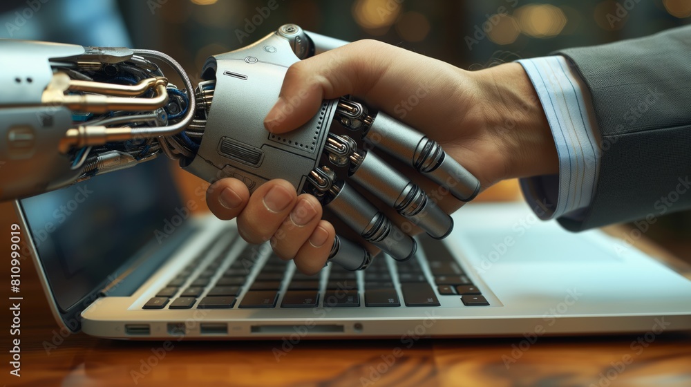 A human and a robotic hand engaging in a handshake above a laptop ...