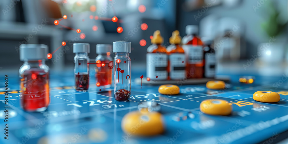 Innovative lab concept with vials, beakers, and dynamic blood droplets ...