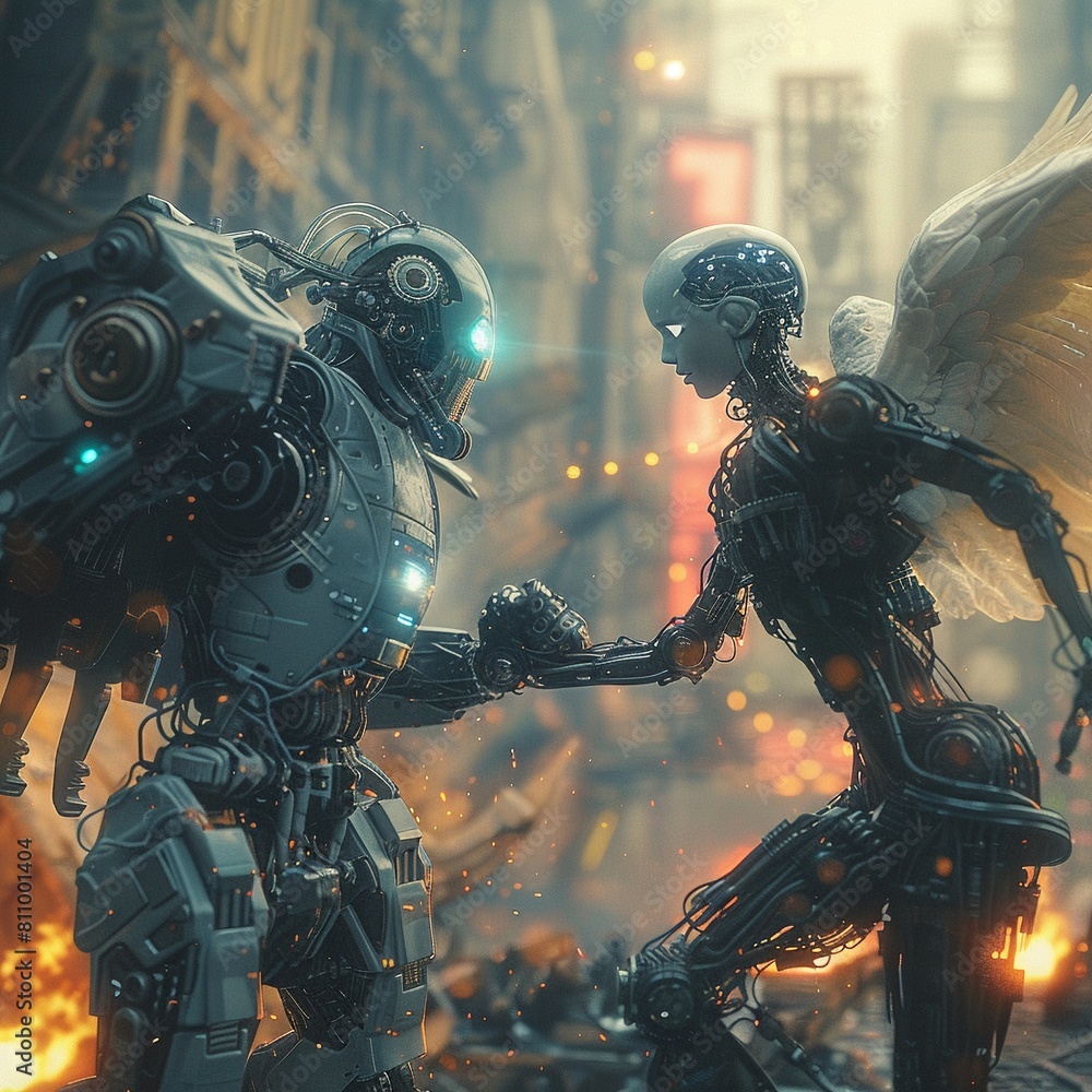 Robot vs Angel Cyberpunk A cyberpunk battle scene with a powerful robot ...