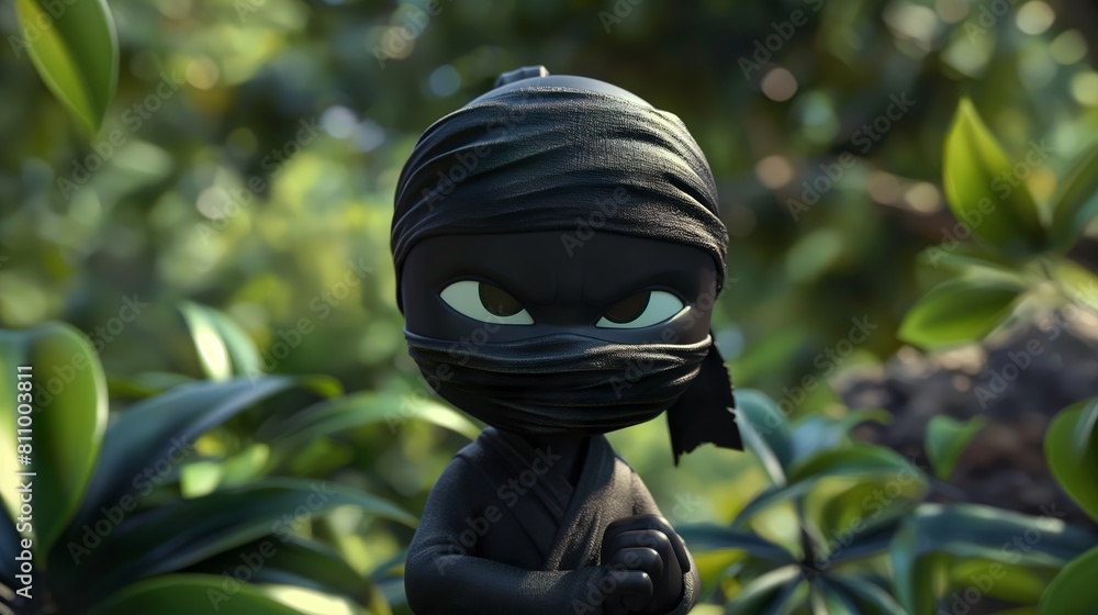 3D cartoon black ninja character. jungle on the background Stock ...