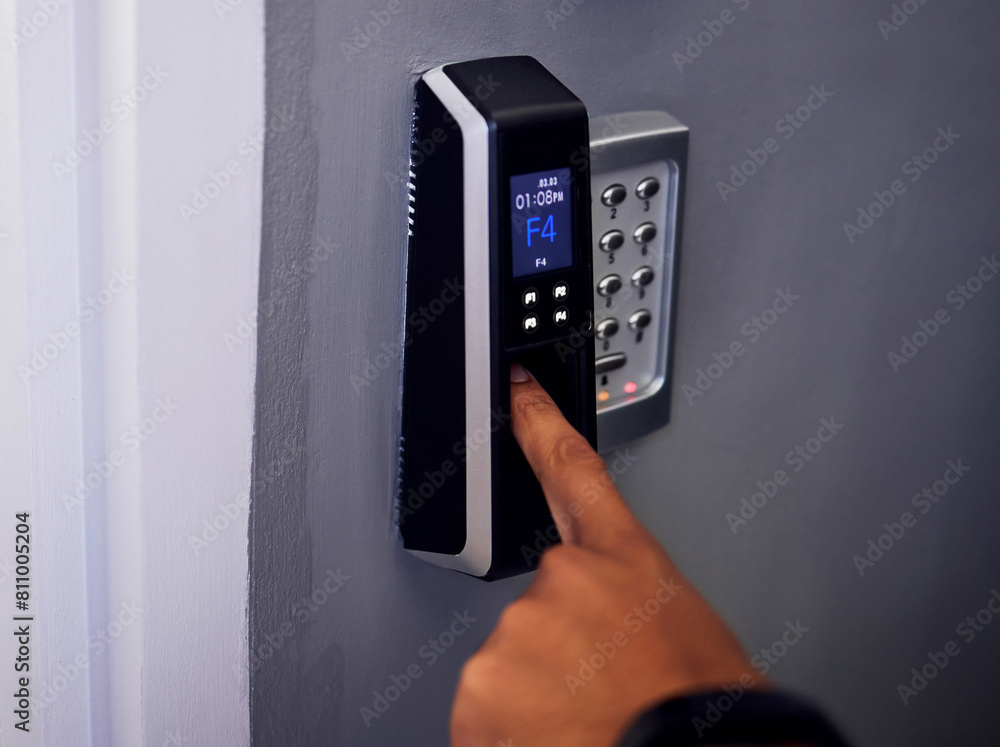 Hand, access and intercom by door with security for entrance, safety ...