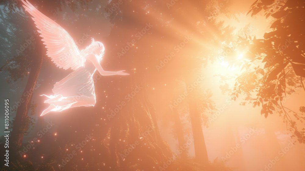 Beautiful angel with wings flying in misty enchanted forest with ...